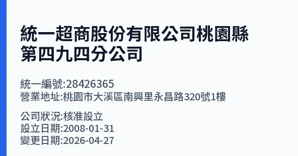 統一超商股份有限公司桃園縣第四九四分公司的照片-統編 28426365(桃園市) 公司登記資料與營業項目詳細圖表