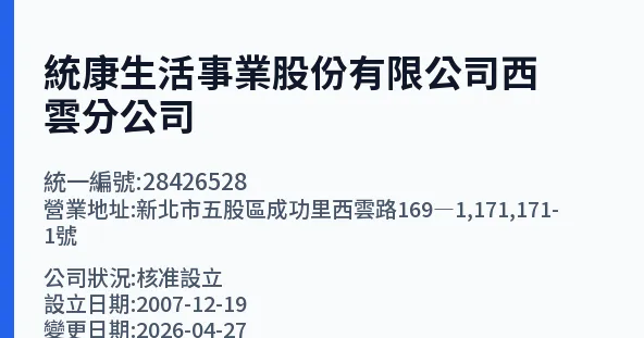 統康生活事業股份有限公司西雲分公司的照片-統編 28426528(新北市) 公司登記資料與營業項目詳細圖表