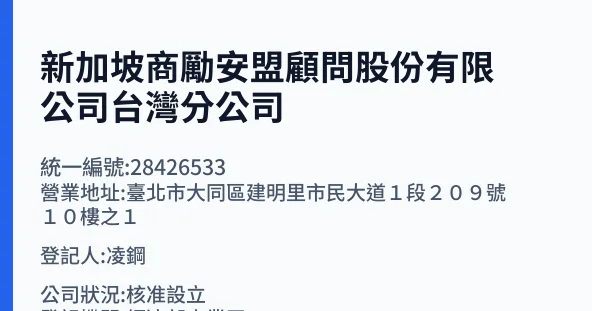 新加坡商勵安盟顧問股份有限公司台灣分公司的照片-統編 28426533(臺北市) 公司登記資料與營業項目詳細圖表