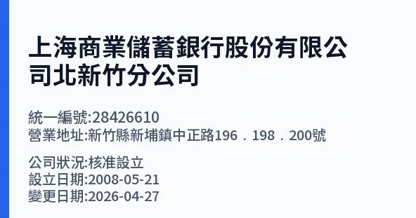 上海商業儲蓄銀行股份有限公司北新竹分公司的照片-統編 28426610(新竹縣) 公司登記資料與營業項目詳細圖表