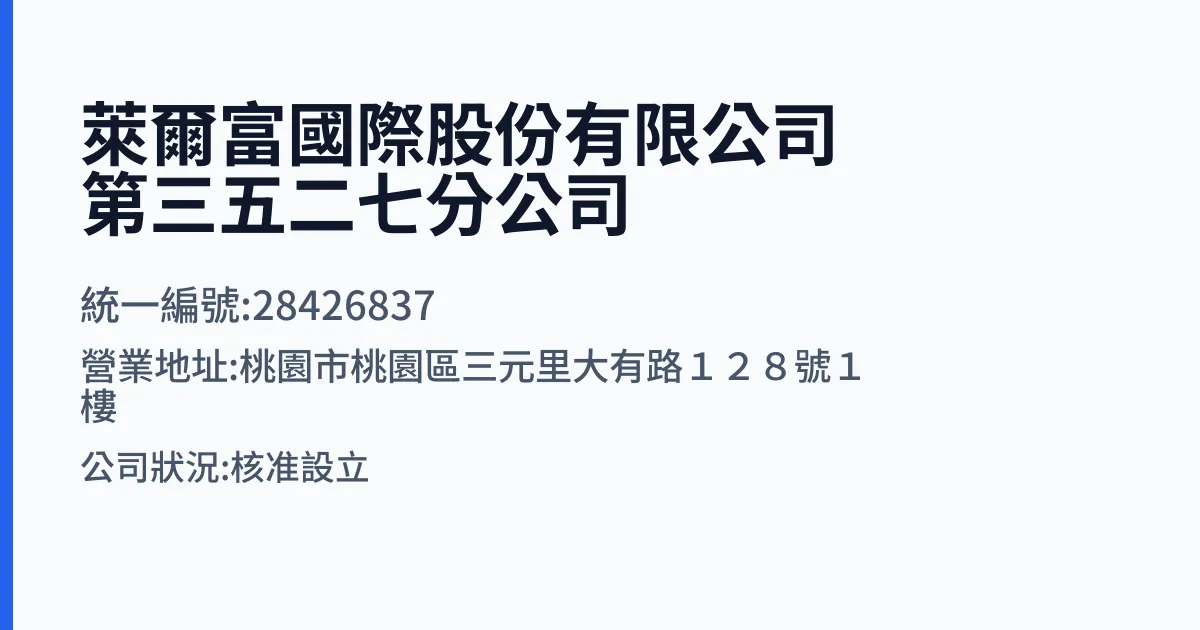 萊爾富國際股份有限公司第三五二七分公司 - 統編 28426837(桃園市) 公司登記資料與營業項目詳細圖表