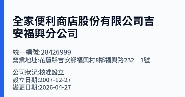 全家便利商店股份有限公司吉安福興分公司的照片-統編 28426999(花蓮縣) 公司登記資料與營業項目詳細圖表