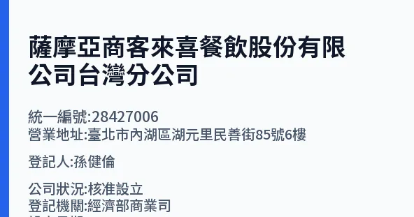 薩摩亞商客來喜餐飲股份有限公司台灣分公司的照片-統編 28427006(臺北市) 公司登記資料與營業項目詳細圖表