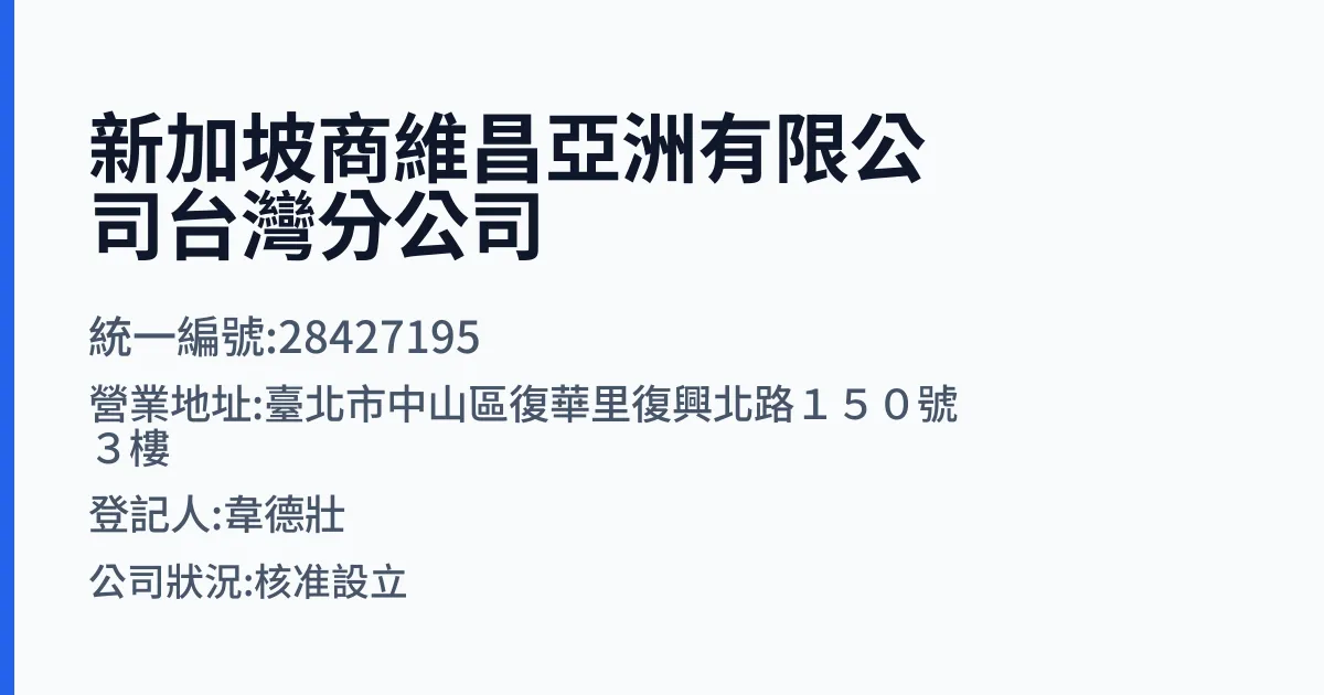 新加坡商維昌亞洲有限公司台灣分公司 - 統編 28427195(臺北市) 公司登記資料與營業項目詳細圖表