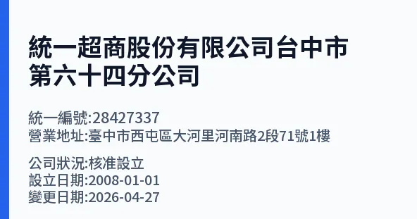 統一超商股份有限公司台中市第六十四分公司的照片-統編 28427337(臺中市) 公司登記資料與營業項目詳細圖表