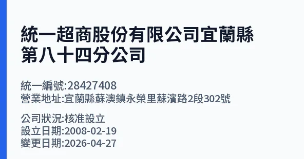 統一超商股份有限公司宜蘭縣第八十四分公司的照片-統編 28427408(宜蘭縣) 公司登記資料與營業項目詳細圖表