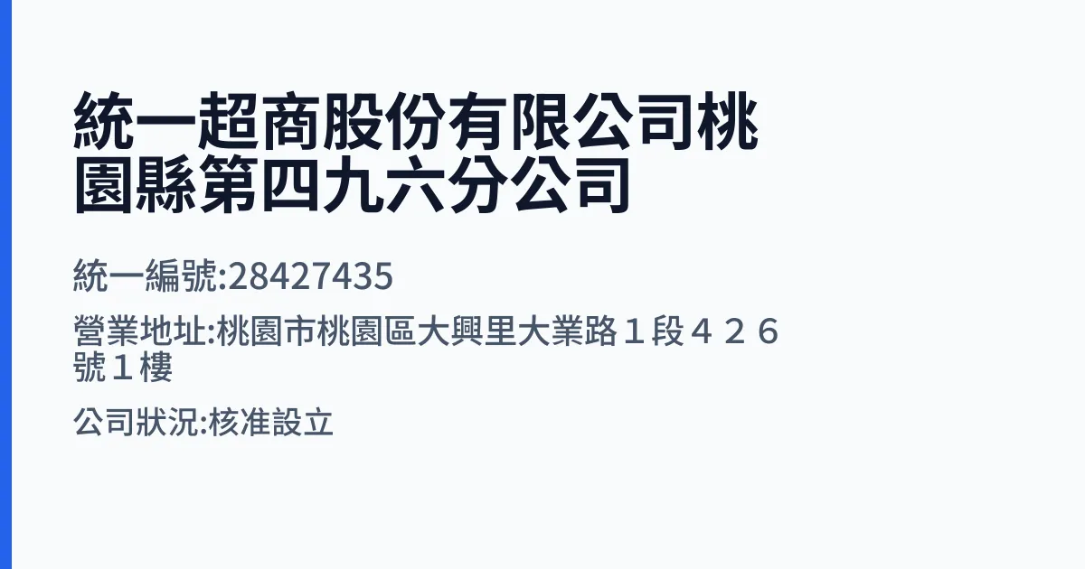 統一超商股份有限公司桃園縣第四九六分公司 - 統編 28427435(桃園市) 公司登記資料與營業項目詳細圖表