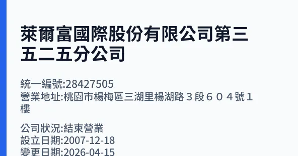 萊爾富國際股份有限公司第三五二五分公司的照片-統編 28427505(桃園市) 公司登記資料與營業項目詳細圖表