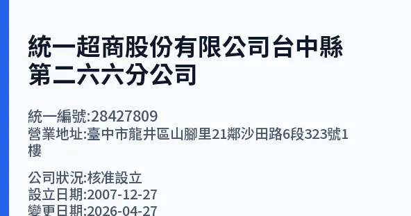 統一超商股份有限公司台中縣第二六六分公司的照片-統編 28427809(臺中市) 公司登記資料與營業項目詳細圖表