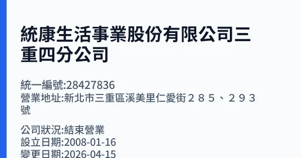 統康生活事業股份有限公司三重四分公司的照片-統編 28427836(新北市) 公司登記資料與營業項目詳細圖表