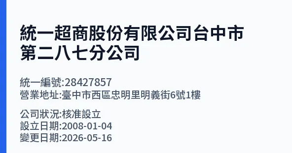 統一超商股份有限公司台中市第二八七分公司的照片-統編 28427857(臺中市) 公司登記資料與營業項目詳細圖表