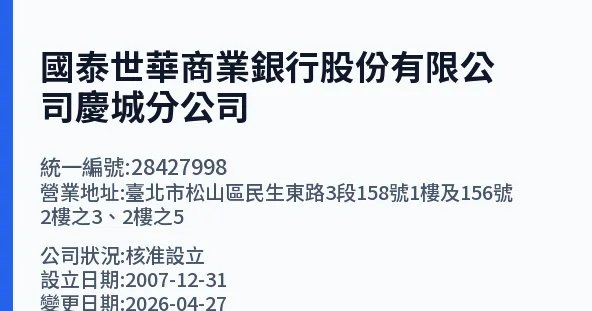 國泰世華商業銀行股份有限公司慶城分公司的照片-統編 28427998(臺北市) 公司登記資料與營業項目詳細圖表