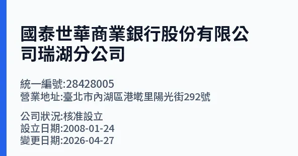 國泰世華商業銀行股份有限公司瑞湖分公司的照片-統編 28428005(臺北市) 公司登記資料與營業項目詳細圖表