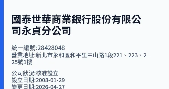 國泰世華商業銀行股份有限公司永貞分公司的照片-統編 28428048(新北市) 公司登記資料與營業項目詳細圖表