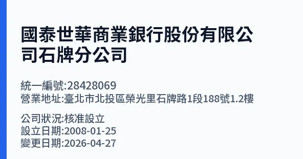國泰世華商業銀行股份有限公司石牌分公司的照片-統編 28428069(臺北市) 公司登記資料與營業項目詳細圖表