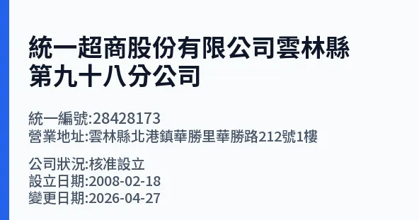 統一超商股份有限公司雲林縣第九十八分公司的照片-統編 28428173(雲林縣) 公司登記資料與營業項目詳細圖表