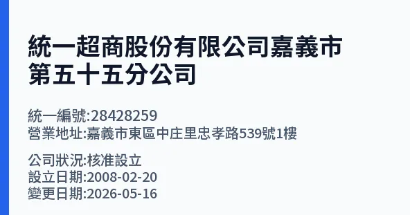 統一超商股份有限公司嘉義市第五十五分公司的照片-統編 28428259(嘉義市) 公司登記資料與營業項目詳細圖表