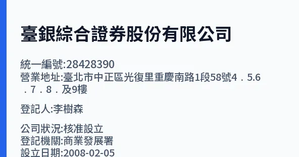 臺銀綜合證券股份有限公司的照片-統編 28428390(臺北市) 公司登記資料與營業項目詳細圖表