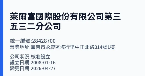 萊爾富國際股份有限公司第三五三二分公司的照片-統編 28428700(臺南市) 公司登記資料與營業項目詳細圖表