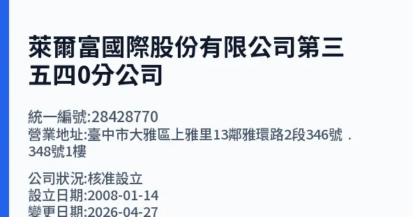萊爾富國際股份有限公司第三五四0分公司的照片-統編 28428770(臺中市) 公司登記資料與營業項目詳細圖表