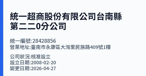 統一超商股份有限公司台南縣第二二0分公司的照片-統編 28428856(臺南市) 公司登記資料與營業項目詳細圖表