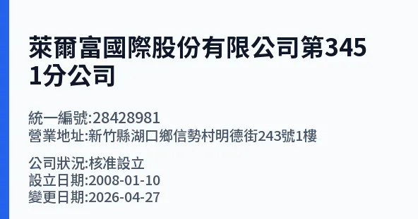 萊爾富國際股份有限公司第3451分公司的照片-統編 28428981(新竹縣) 公司登記資料與營業項目詳細圖表