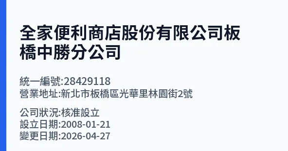 全家便利商店股份有限公司板橋中勝分公司的照片-統編 28429118(新北市) 公司登記資料與營業項目詳細圖表