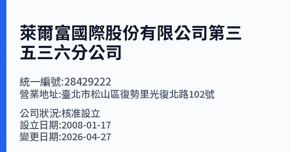 萊爾富國際股份有限公司第三五三六分公司的照片-統編 28429222(臺北市) 公司登記資料與營業項目詳細圖表
