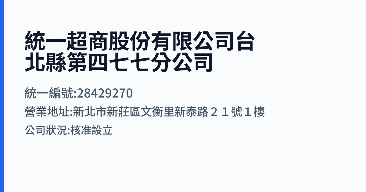 統一超商股份有限公司台北縣第四七七分公司 - 統編 28429270(新北市) 公司登記資料與營業項目詳細圖表