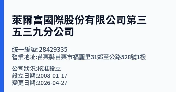 萊爾富國際股份有限公司第三五三九分公司的照片-統編 28429335(苗栗縣) 公司登記資料與營業項目詳細圖表