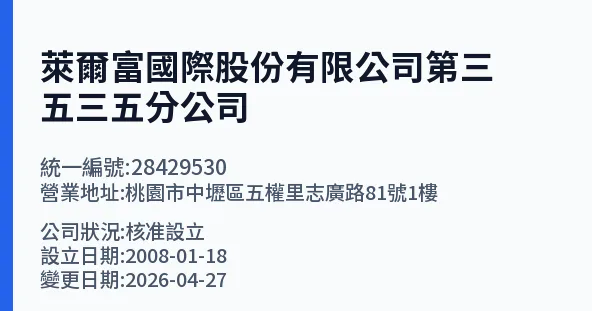 萊爾富國際股份有限公司第三五三五分公司的照片-統編 28429530(桃園市) 公司登記資料與營業項目詳細圖表