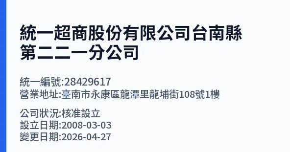 統一超商股份有限公司台南縣第二二一分公司的照片-統編 28429617(臺南市) 公司登記資料與營業項目詳細圖表