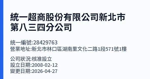 統一超商股份有限公司新北市第八三四分公司的照片-統編 28429763(新北市) 公司登記資料與營業項目詳細圖表