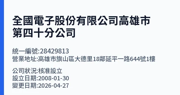 全國電子股份有限公司高雄市第四十分公司的照片-統編 28429813(高雄市) 公司登記資料與營業項目詳細圖表