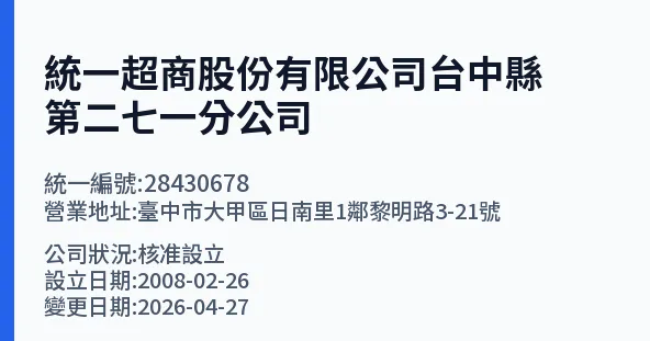 統一超商股份有限公司台中縣第二七一分公司的照片-統編 28430678(臺中市) 公司登記資料與營業項目詳細圖表