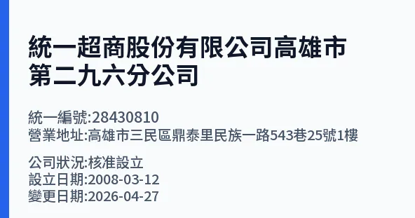 統一超商股份有限公司高雄市第二九六分公司的照片-統編 28430810(高雄市) 公司登記資料與營業項目詳細圖表