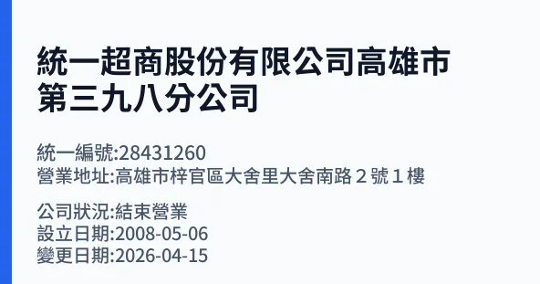 統一超商股份有限公司高雄市第三九八分公司的照片-統編 28431260(高雄市) 公司登記資料與營業項目詳細圖表