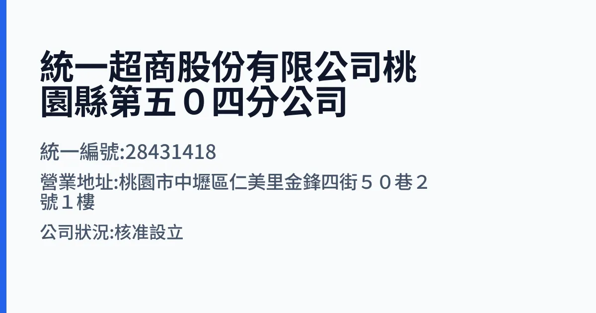 統一超商股份有限公司桃園縣第五0四分公司 - 統編 28431418(桃園市) 公司登記資料與營業項目詳細圖表