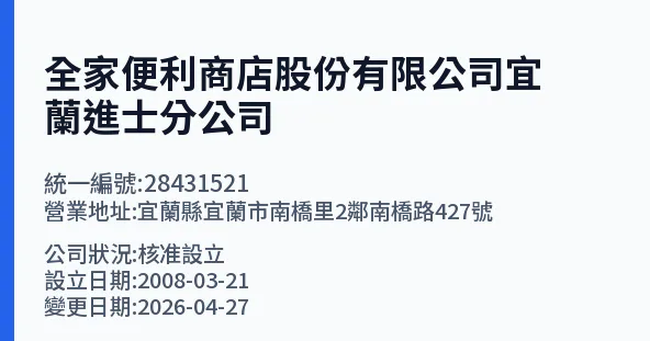 全家便利商店股份有限公司宜蘭進士分公司的照片-統編 28431521(宜蘭縣) 公司登記資料與營業項目詳細圖表
