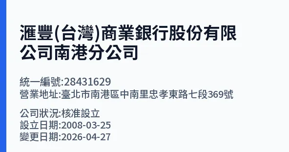 滙豐(台灣)商業銀行股份有限公司南港分公司的照片-統編 28431629(臺北市) 公司登記資料與營業項目詳細圖表