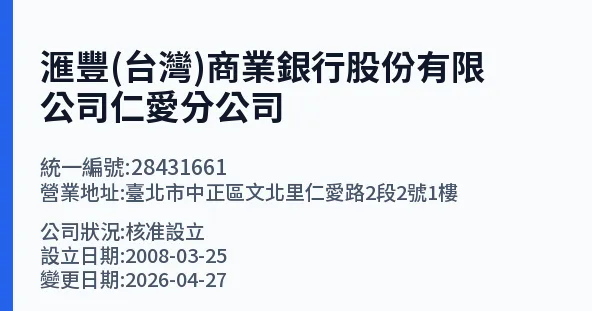 滙豐(台灣)商業銀行股份有限公司仁愛分公司的照片-統編 28431661(臺北市) 公司登記資料與營業項目詳細圖表