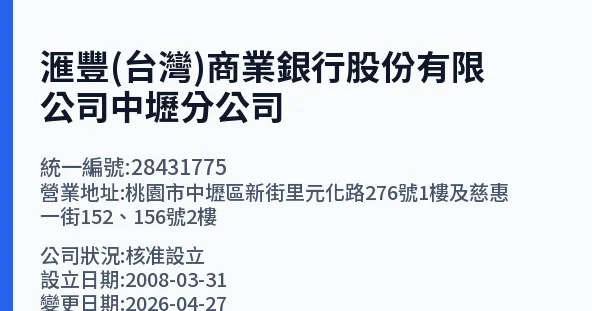 滙豐(台灣)商業銀行股份有限公司中壢分公司的照片-統編 28431775(桃園市) 公司登記資料與營業項目詳細圖表