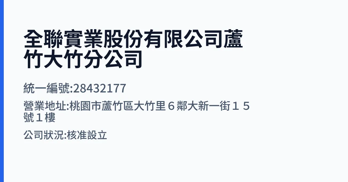 全聯實業股份有限公司蘆竹大竹分公司 - 統編 28432177(桃園市) 公司登記資料與營業項目詳細圖表
