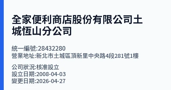 全家便利商店股份有限公司土城恆山分公司的照片-統編 28432280(新北市) 公司登記資料與營業項目詳細圖表