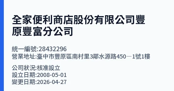 全家便利商店股份有限公司豐原豐富分公司的照片-統編 28432296(臺中市) 公司登記資料與營業項目詳細圖表