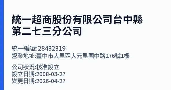 統一超商股份有限公司台中縣第二七三分公司的照片-統編 28432319(臺中市) 公司登記資料與營業項目詳細圖表