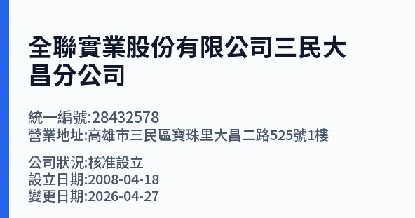 全聯實業股份有限公司三民大昌分公司的照片-統編 28432578(高雄市) 公司登記資料與營業項目詳細圖表