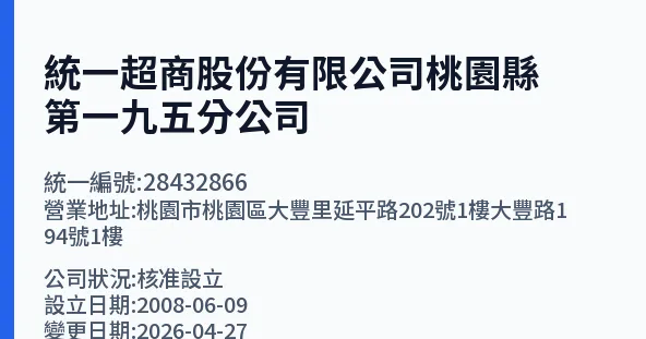統一超商股份有限公司桃園縣第一九五分公司的照片-統編 28432866(桃園市) 公司登記資料與營業項目詳細圖表