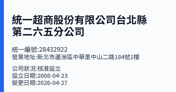 統一超商股份有限公司台北縣第二六五分公司的照片-統編 28432922(新北市) 公司登記資料與營業項目詳細圖表