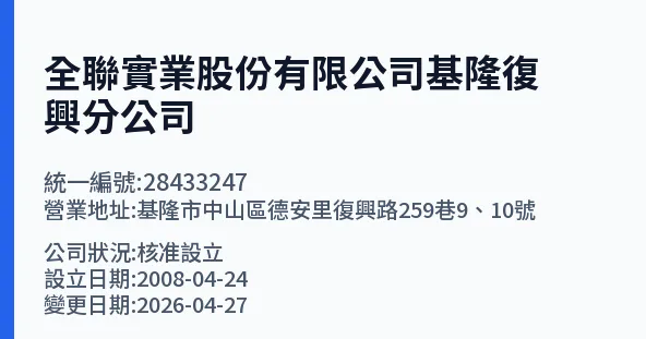 全聯實業股份有限公司基隆復興分公司的照片-統編 28433247(基隆市) 公司登記資料與營業項目詳細圖表